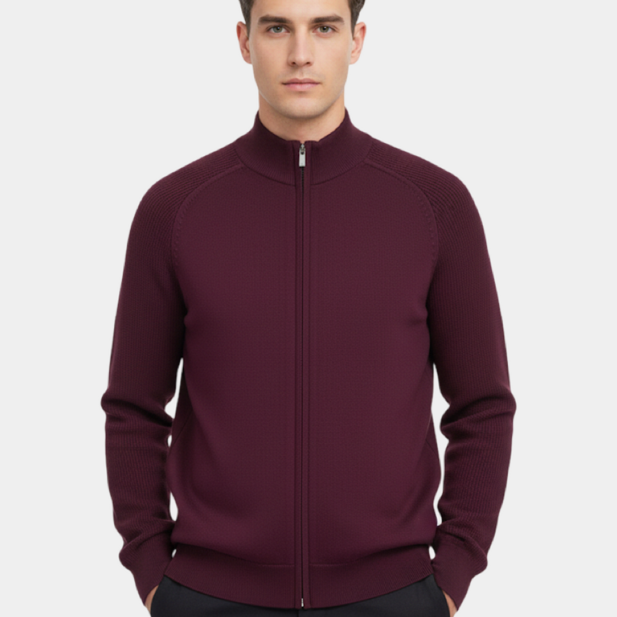 WINE RED TEXTURED ZIP-UP KNITWEAR W25N – VOY Egypt