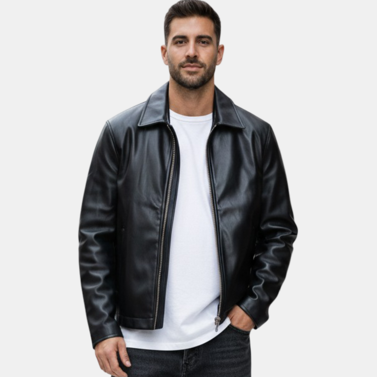 MATTE BLACK SMOOTH LEATHER JACKET W25N – VOY Egypt